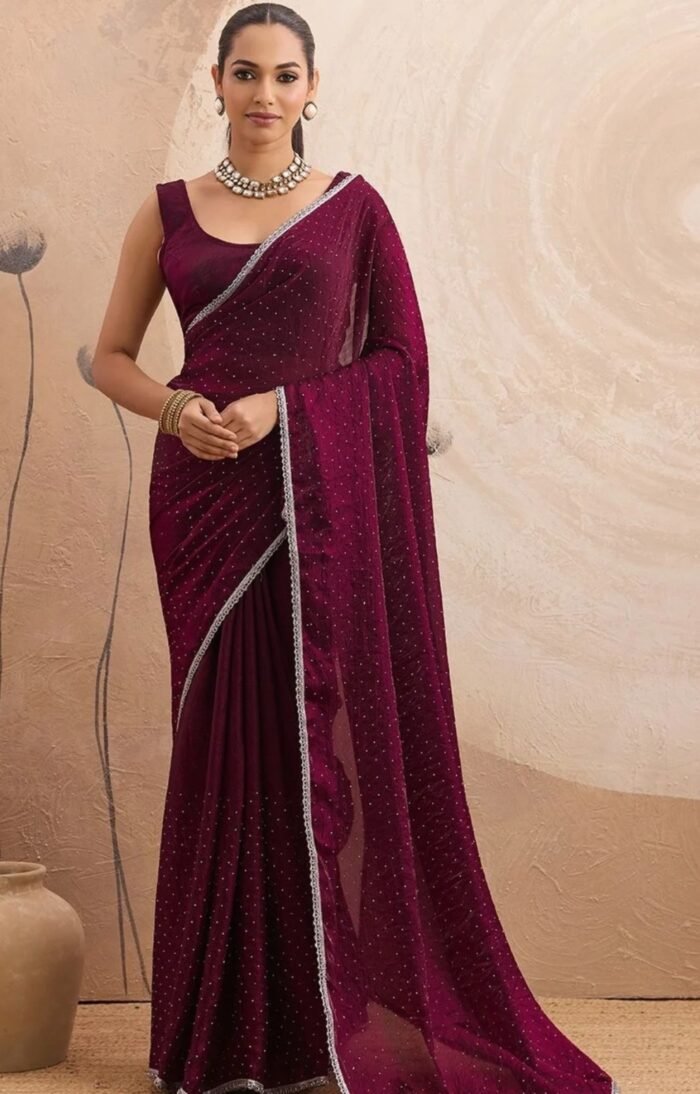 Chiffon Two Tone Saree with Super Diamond Work & Lace Border